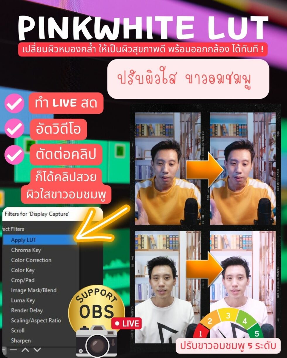 obs filter หน้าใส ทำ LIVE ให้ผิวขาวอมชมพูด้วย PINKWHITE LUT - KRU TONY